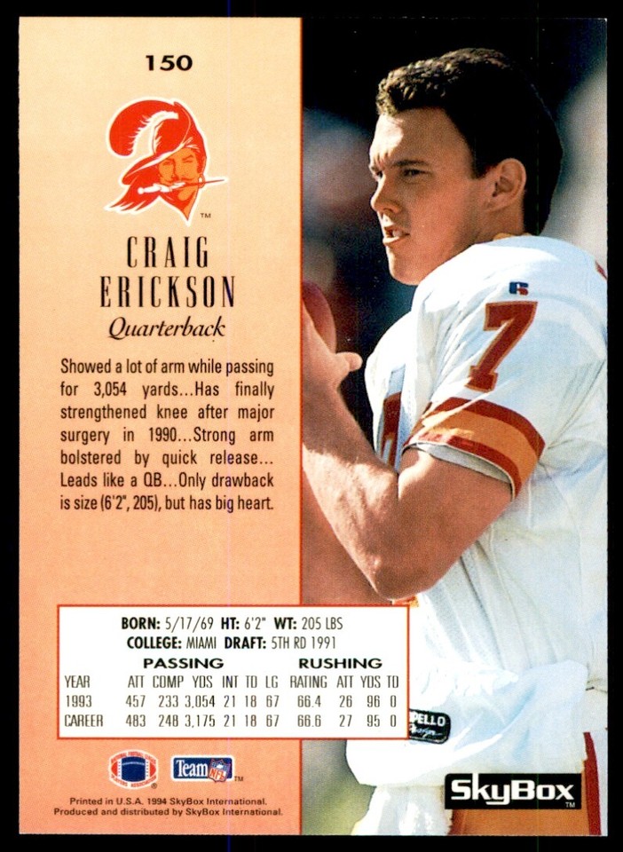 1994 Skybox. Craig Erickson Tampa Bay Buccaneers #150 | eBay