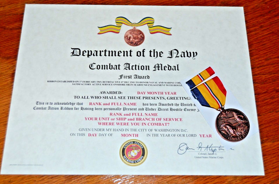US Marine Corps Combat Action Medal with Medal Certificate printed ...