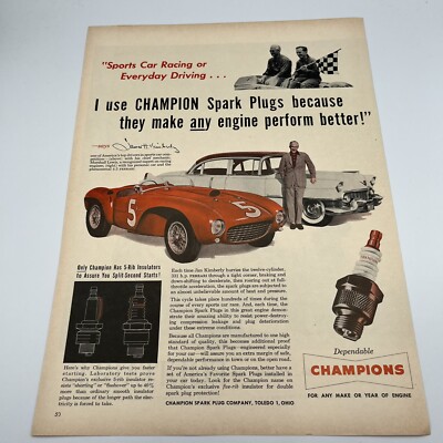 Champion Spark Plugs 1954 Vtg Print Ad 10”x14” Jim Kimberly Ferrari ...