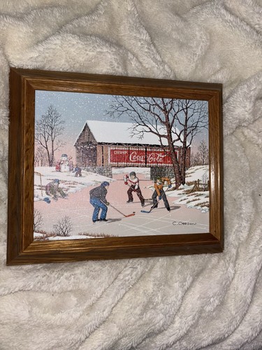 RARE~C Carson Vtg Framed Canvas Painting Coca~Cola Covered Bridge Snow ...