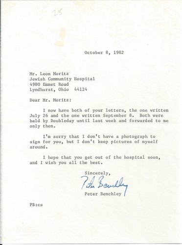 PETER BENCHLEY JAWS AUTHOR PSA/DNA SIGNED LETTER CERTIFIED AUTHENTIC ...
