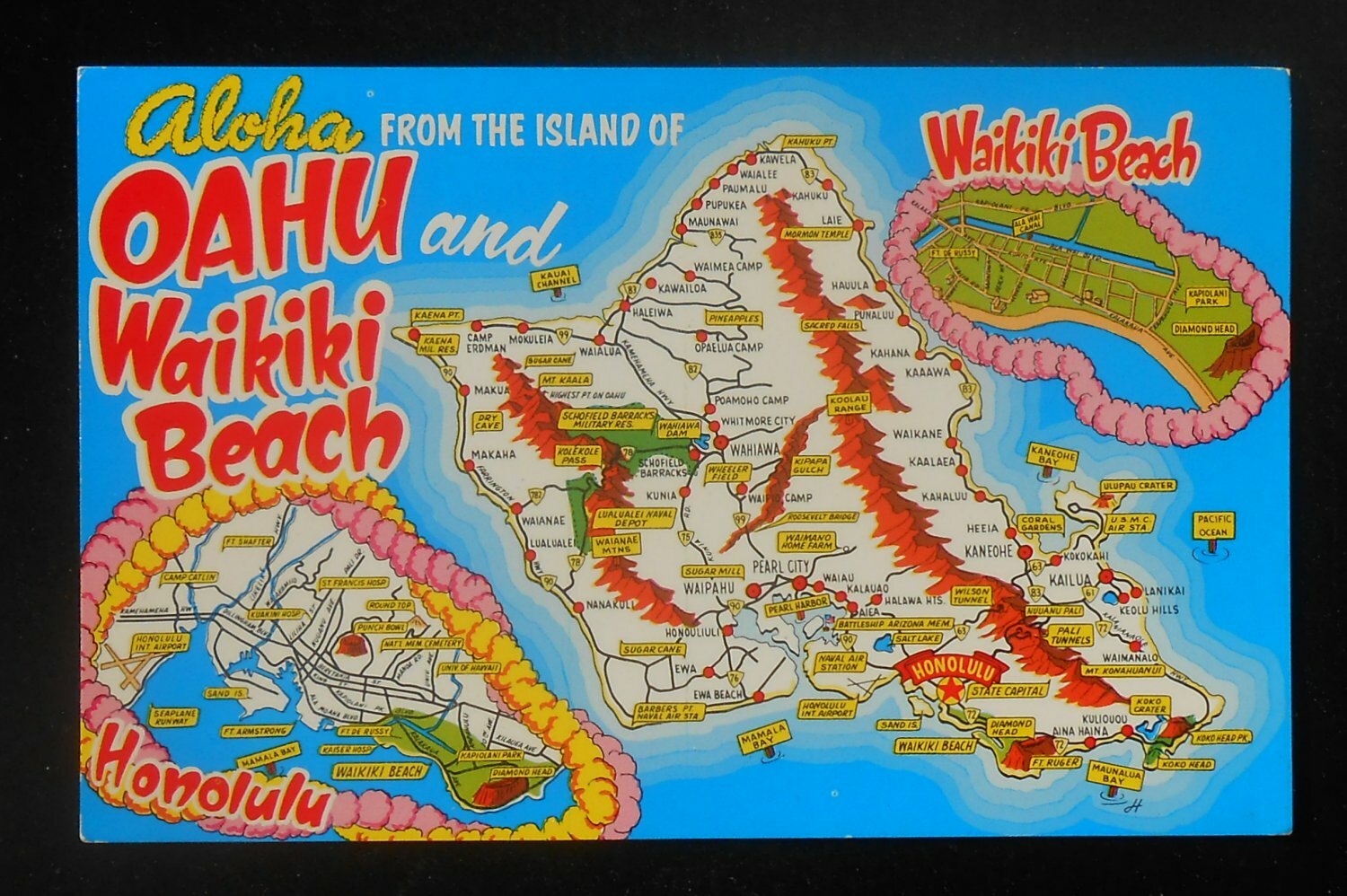 1951 Aloha Oahu Island Map from Waikiki Beach HI Honolulu Co Postcard ...