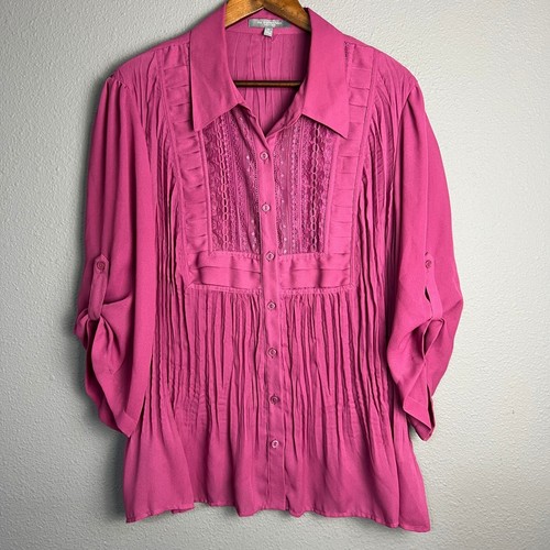 NY Collection Woman Flowy Blouse 3/4 Sleeve Pleated Pink Fuchsia Plus Sz Top 3X | eBay