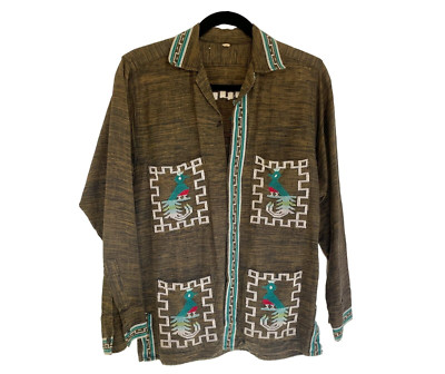 Vintage Boho Guatemalan SzM Quetzal Unisex Embroidered Bird Button-Down ...