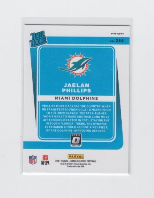2021 Donruss Optic Jaelan Phillips RC Blue Hyper Prizm No. 254 Dolphins ...