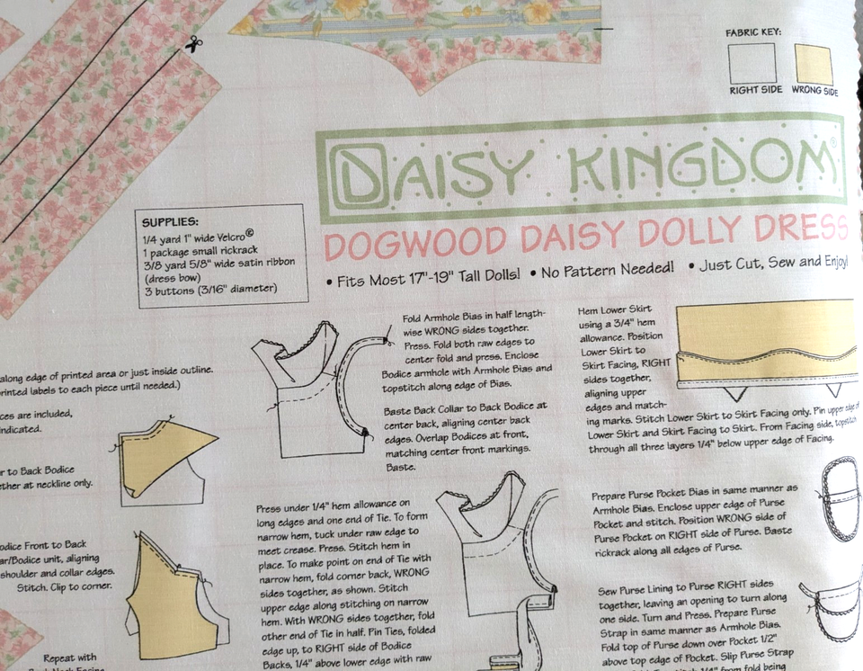 DAISY KINGDOM Dogwood Daisy Dolly Dress & Purse FABRIC PANEL 17"-19 ...