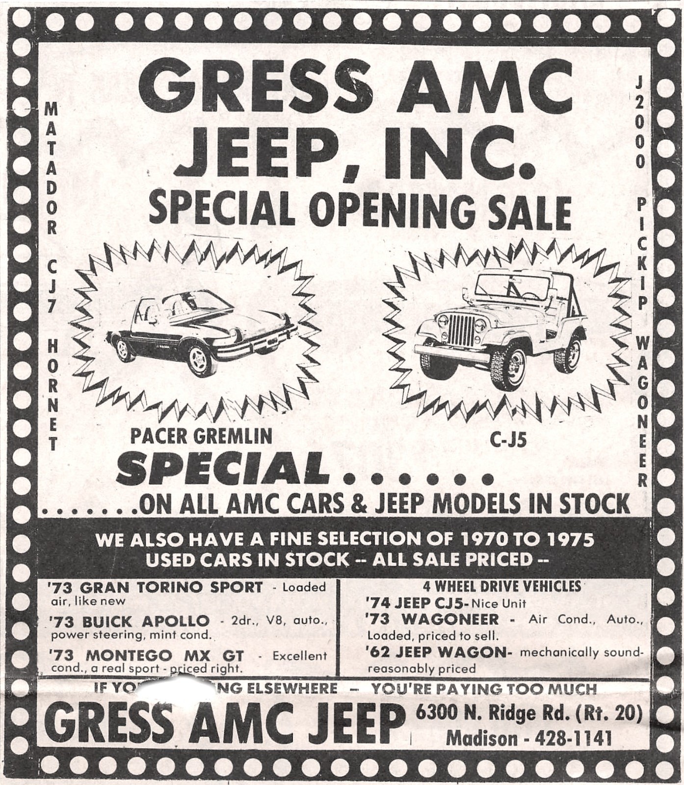 Gress AMC Jeep Used Cars Madison Ohio Gremlin C-J5 Models Vtg Newspaper ...