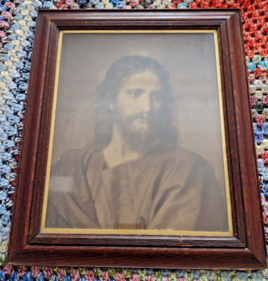 LARGE ANTIQUE GLASS WOODEN FRAME JESUS RELIGIOUS PORTRAIT PRINT ...