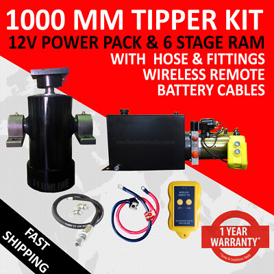 Hydraulic Ram Cylinder Tipper Trailer kit 12 v Pump 1000mm stroke 6 ...