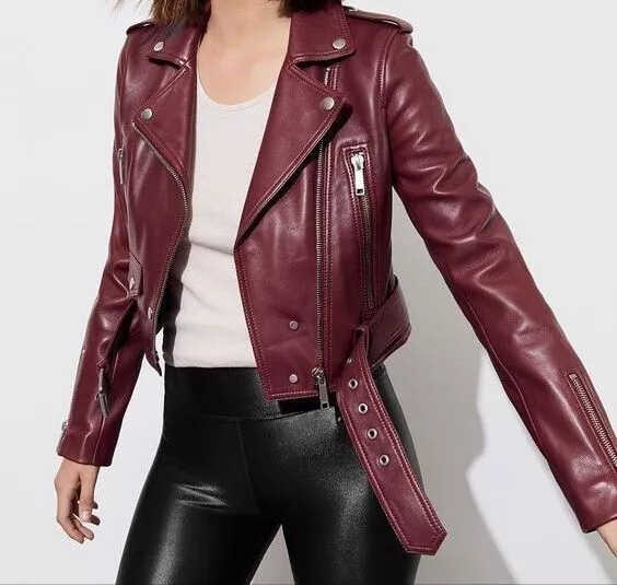 Womens Burgundy Leather Spread Collared Biker Motorcycle Short Jacket ...