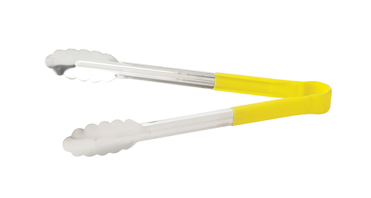 Winco UT-12HP-Y 12" Stainless Steel Utility Tongs w/ Yellow Plastic ...