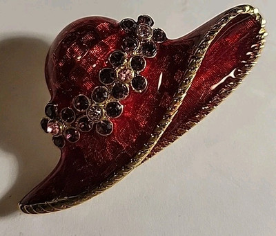 Vintage Goldtone Red Enamel and Rhinestone HAT Pin Brooch RED HAT ...