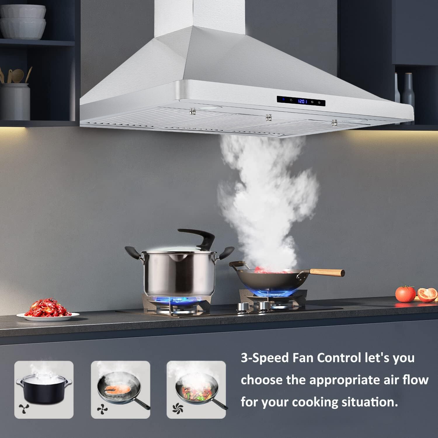 30/36 inch Wall Mount Range Hood 700CFM Kitchen Stove Vent 3-Speed ...