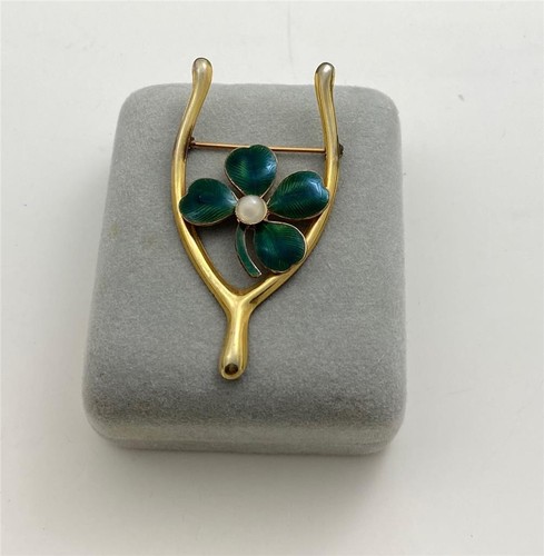 Vintage Gold Tone Wishbone with 4-Leaf Green Enamel Clover Shamrock ...