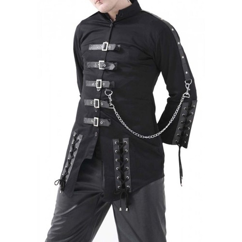 Men's Black Gothic Steampunk Coat Buckle Chain Trench Jacket | eBay