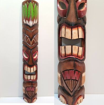 Tiki Bar Mask Wall Hanging Feather Wood Carving Hawaiian Polynesian Art ...