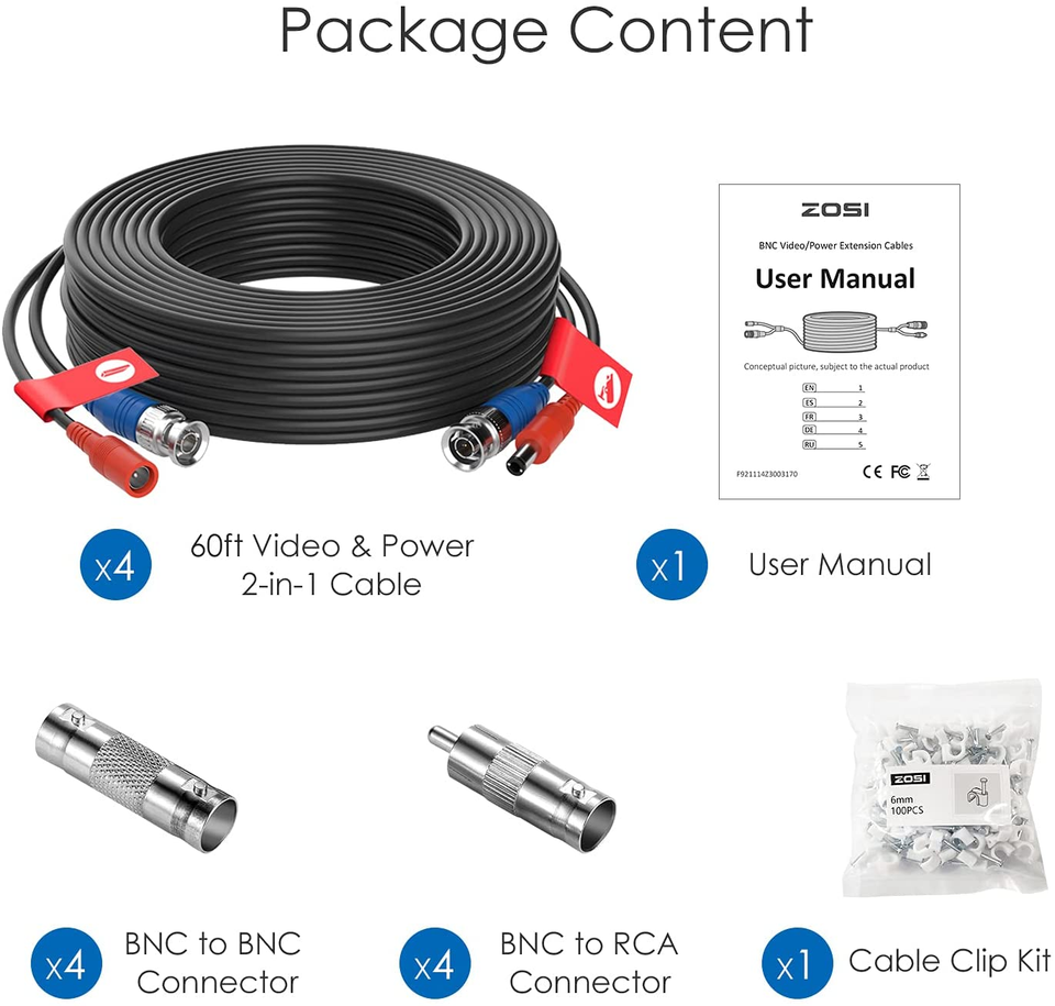ZOSI Security Camera Cable 60FT DC Power BNC RCA Connector Surveillance ...