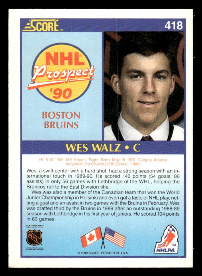 Wes Walz 1990 Score Canadian #418 Boston Bruins | eBay