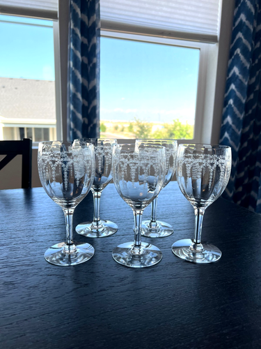Set of 5 HC Fry Glass DE103 Water Goblets - Antique Needle Etched ...