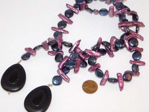 Artsy Indigo Blue Coin Violet Purple Bar Pearl Lariat Long 40" Necklace ...