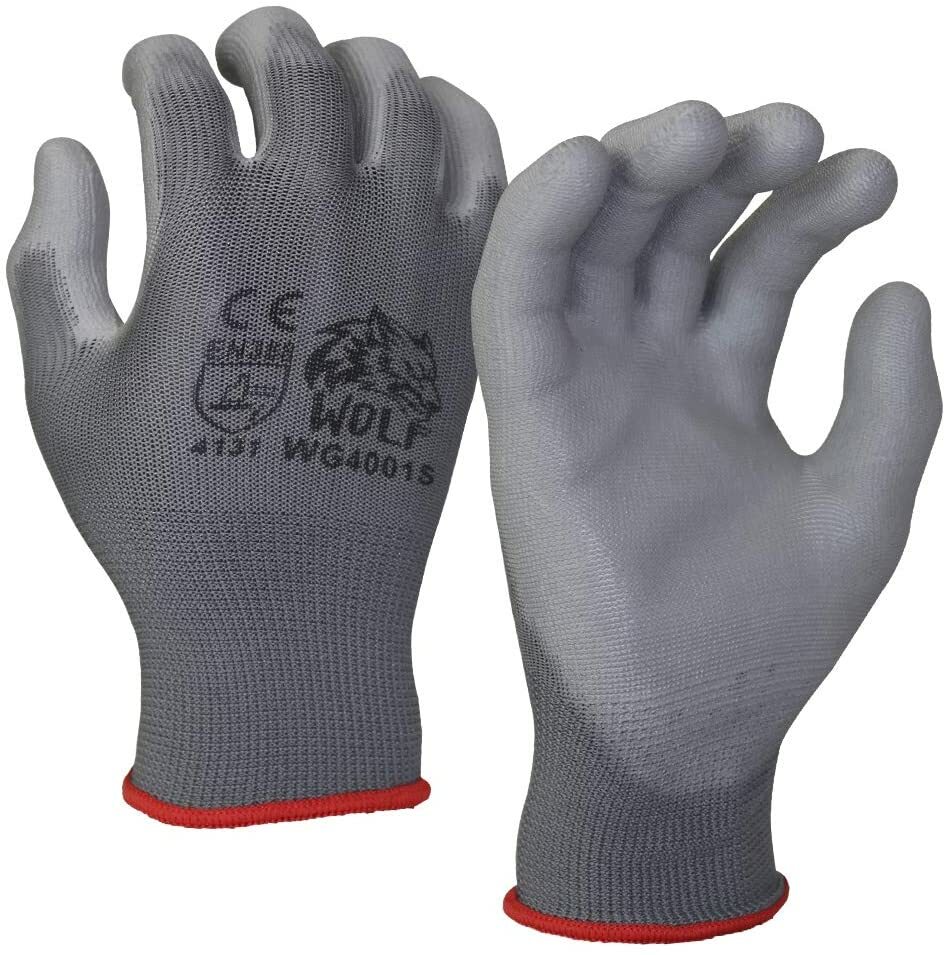WOLF Ultra-Thin Grey Work Gloves Polyurethane Palm Coated Nylon Shell ...