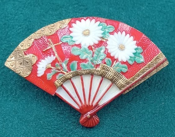 Rare Ornate Japanese Fan Pin with Flowers & Cross - … - Gem