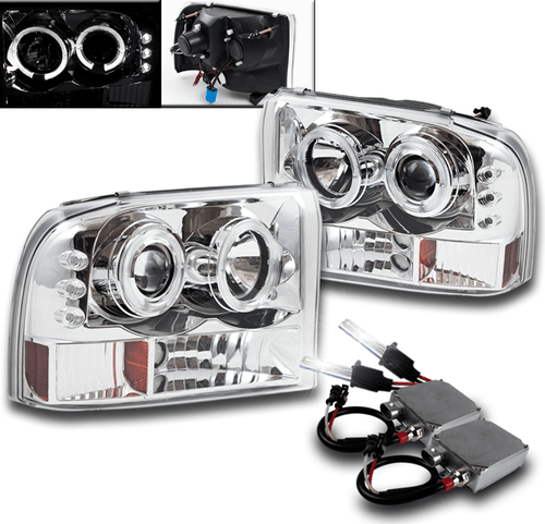 1999-2004 F-250 F-350 EXCURSION CHROME LED HALO PROJECTOR HEAD LIGHTS+ ...