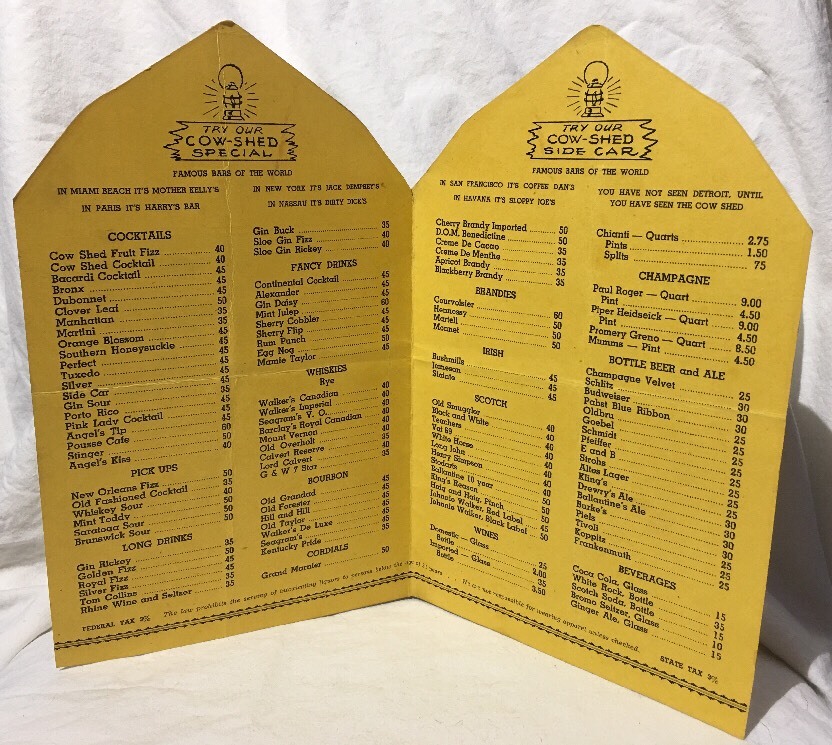 1930's The Cow Shed Menu Detroit, MI Dinner/Drinks/Dancing now Downtown ...