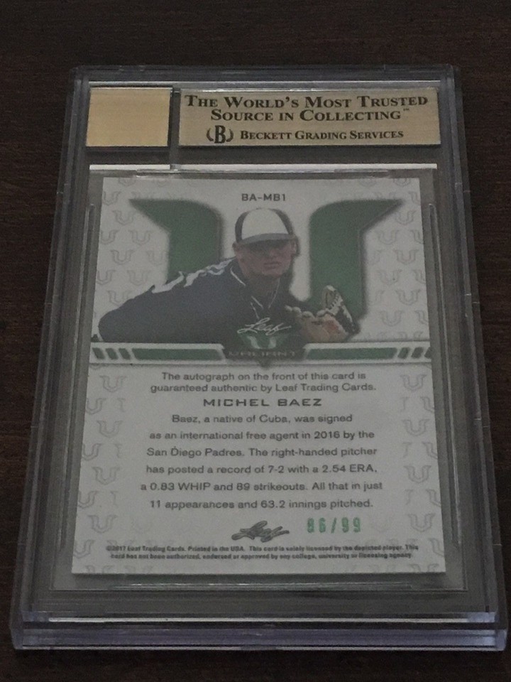 MICHAEL BAEZ 2017 Leaf Valiant Autograph #86/99 BGS 9.5 GEM MINT PADRES ...