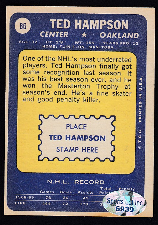 Ted Hampson Hand Signed 1969-70 Topps Hockey Card #85 Oakland Seals COA ...