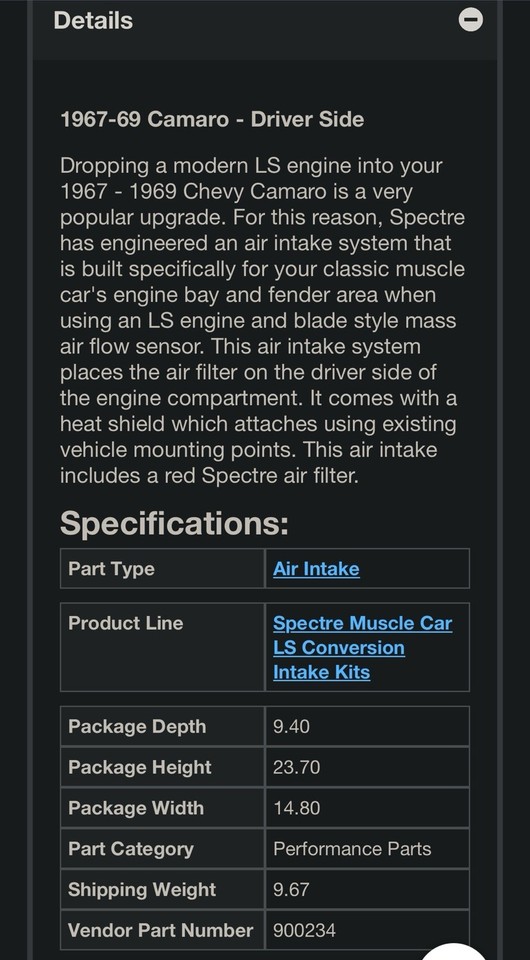 Spectre Kit 900234 RED FILTER Muscle Car Cold Air Intake 1967-1969 ...