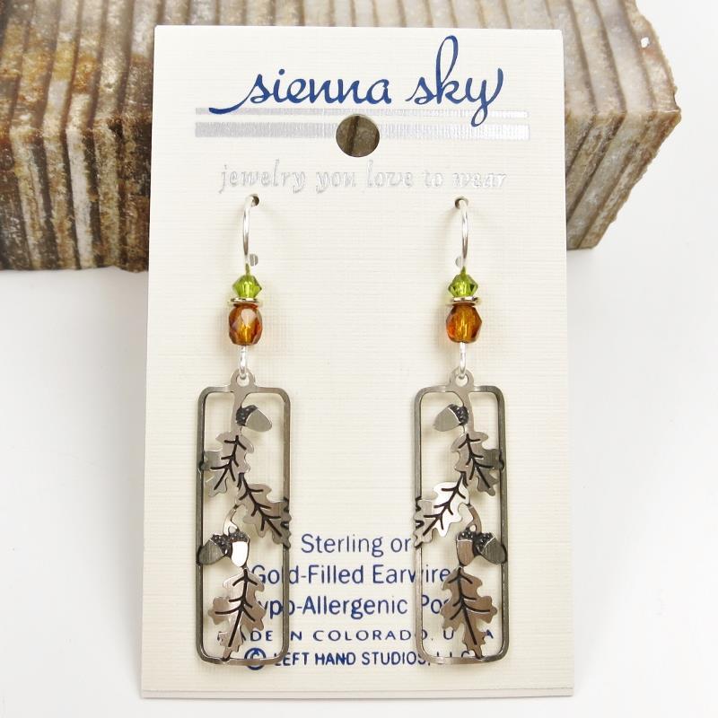 Sienna Sky Earrings Silver Tone Oak Leaves and Acorn in Rectangle Frame ...
