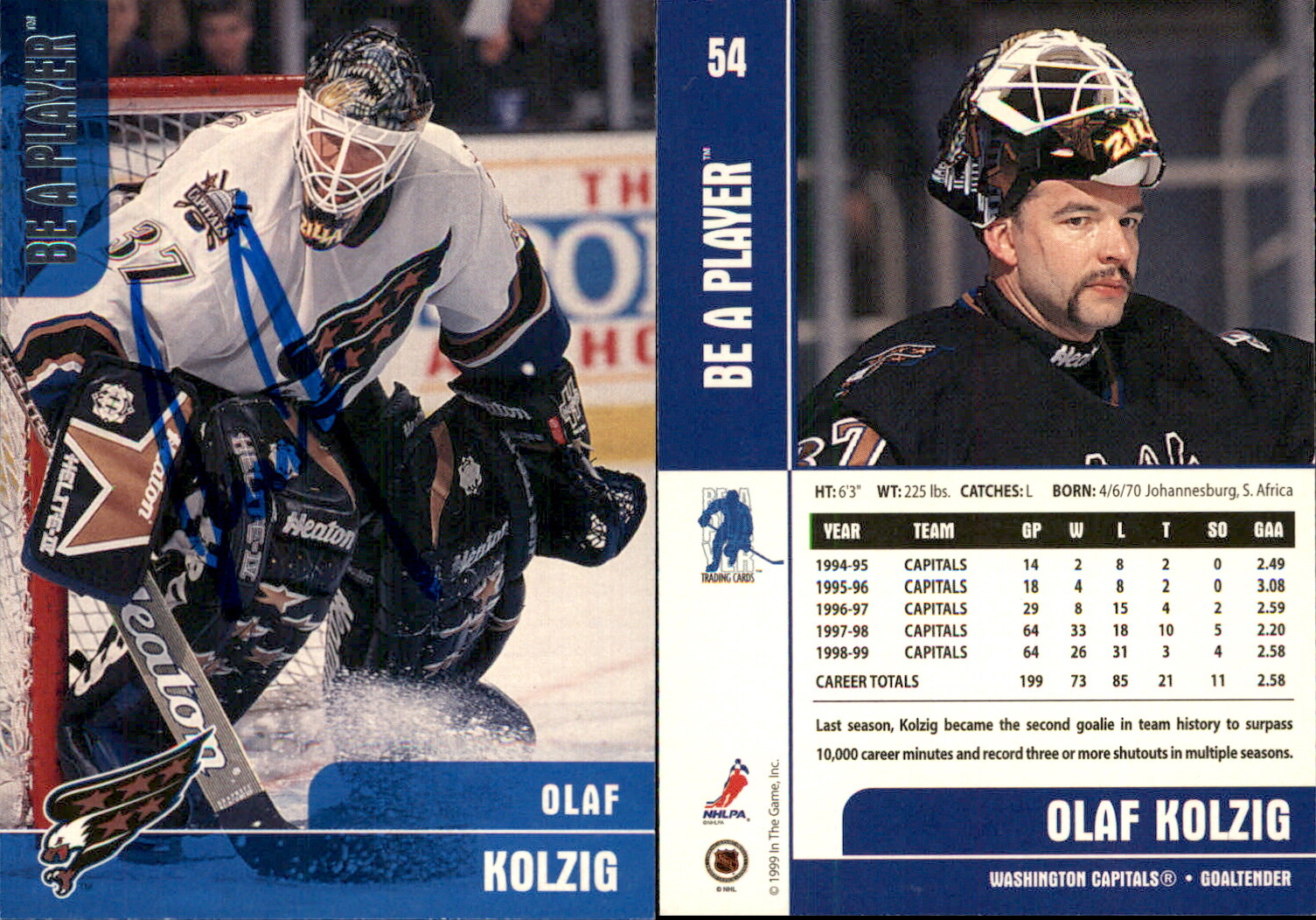 Olaf Kolzig Signed 1999-00 Be a Player Memorabilia #54 Card Washington ...
