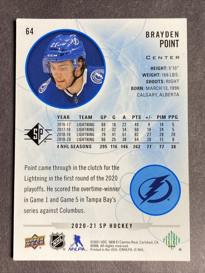2020-21 Upper Deck SP BLUE Parallel #64 Brayden Point Tampa Bay ...