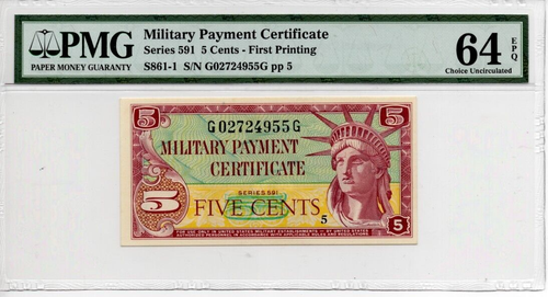 SERIES 591 5C FIVE CENTS MILITARY PAYMENT CERTIFICATE MPC PMG 64 EPQ ...
