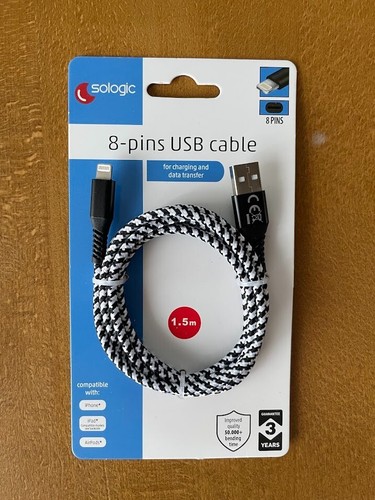 CÂBLE SMARTPHONE TRESSE BLANC/NOIR SOLOGIC 8 - pins USB Cable - 1.5 m ...