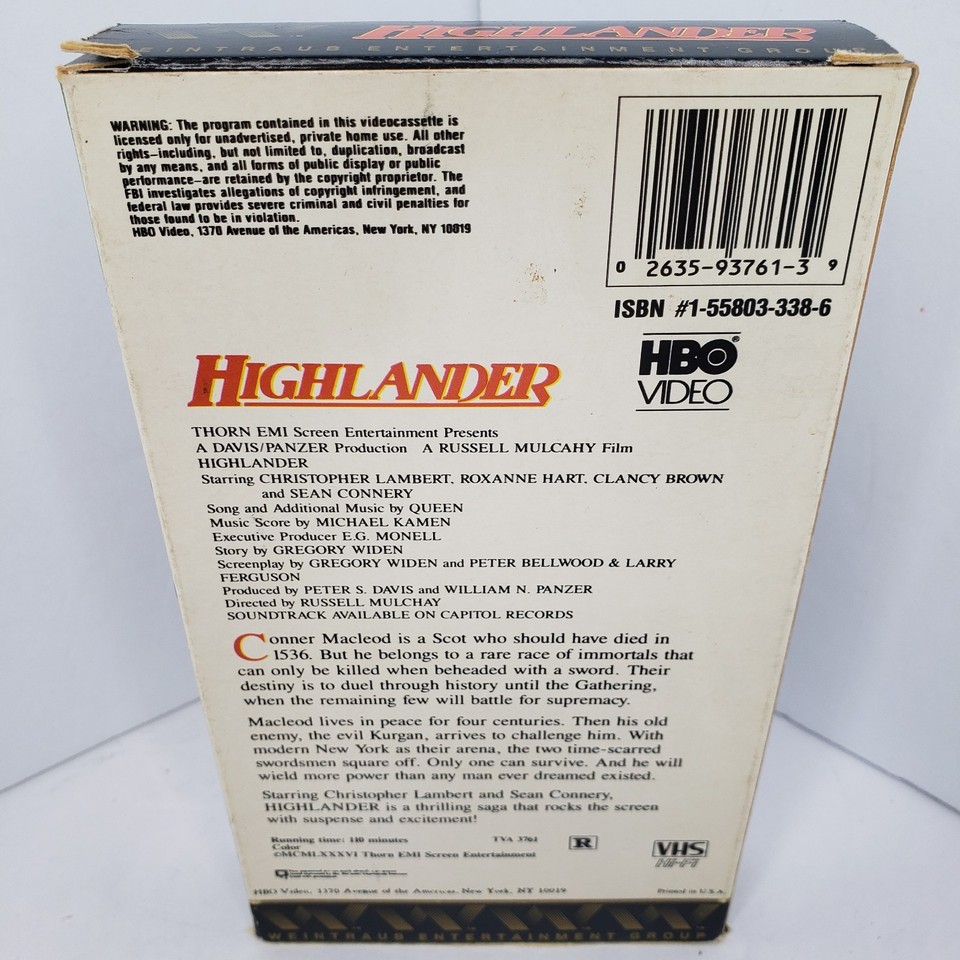 Highlander (VHS, 1993) - Sean Connery - Christopher Lambert Clancy ...