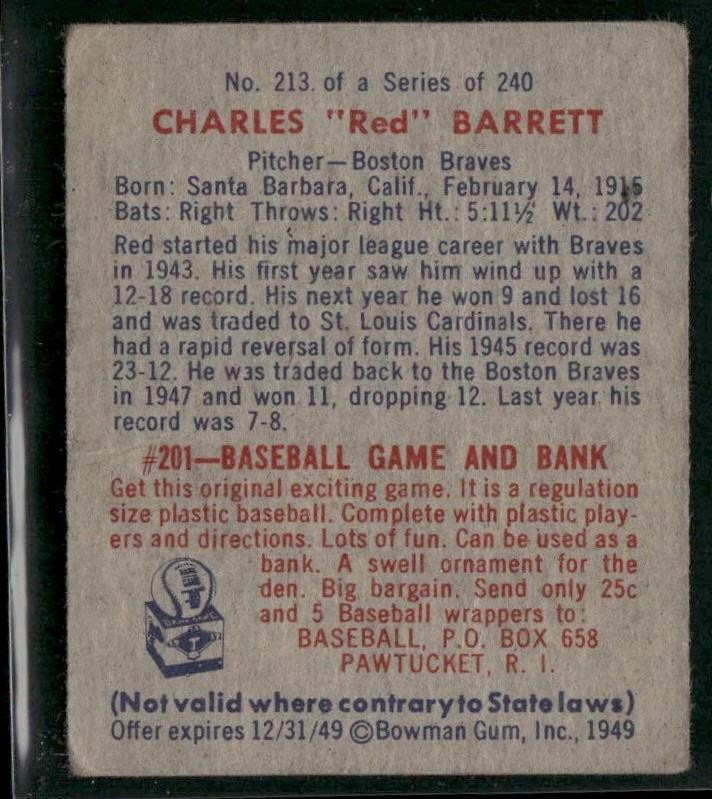 1949 Bowman #213 Charles "Red" Barrett VG | eBay