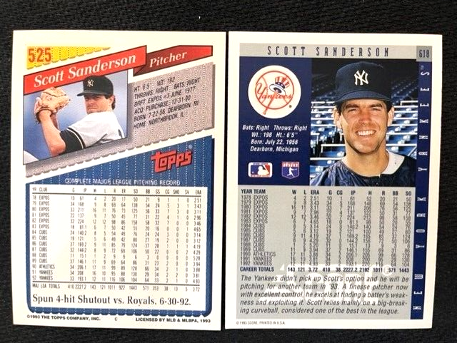MLB - Scott Sanderson 1993 Topps & 1993 Score Baseball - Yankees | eBay