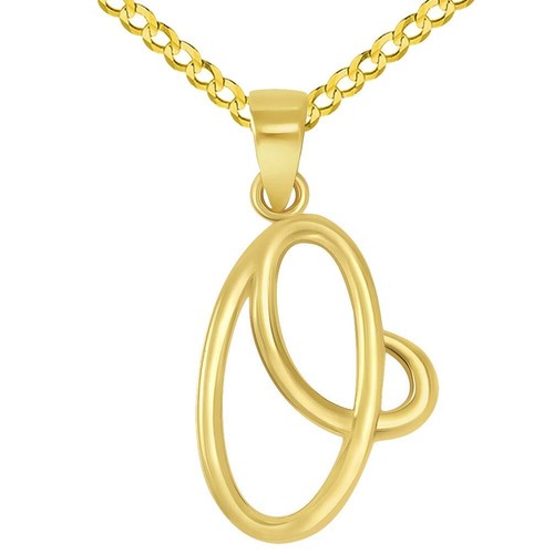 14k Yellow Gold Elegant Letter O Cursive Pendant Cuban Curb Chain ...