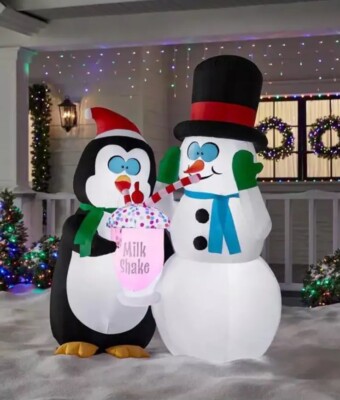 6’FT ANIMATED PENGUIN & SNOWMAN DRINKING MILKSHAKE Airblown Gemmy ...