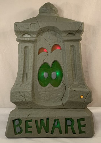 Vintage Gemmy 18" BEWARE TOMBSTONE Halloween Prop: Lights Sound Motion ...