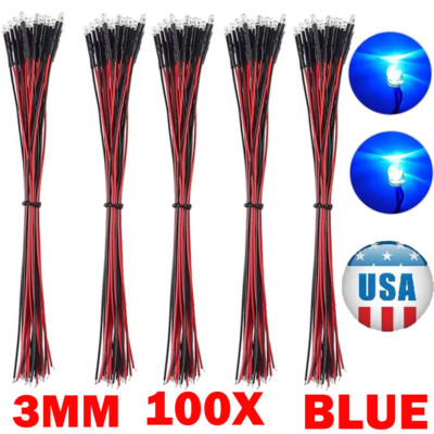 100PCS 3mm Blue Pre Wired DC 5V-12V Micro LED Lights 20cm Emitting ...