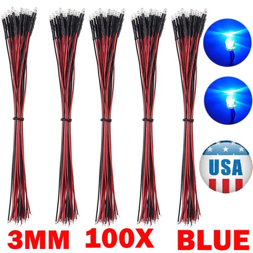 100PCS 3mm Blue Pre Wired DC 5V-12V Micro LED Lights 20cm Emitting ...