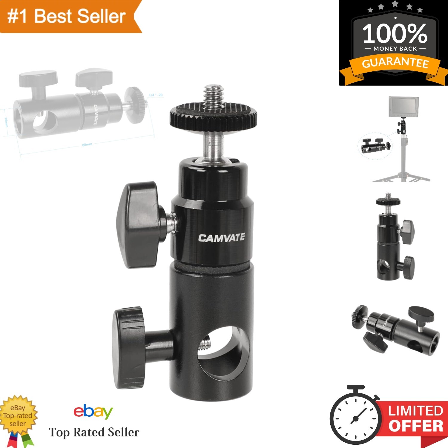 Aluminum Light Stand Mount with 1/4"-20 Mini Ball Head - 360 Rotation ...