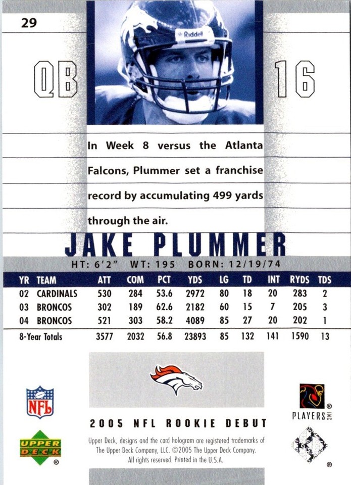 2004 Upper Deck Power Up Jake Plummer #29 Denver Broncos Football Card ...