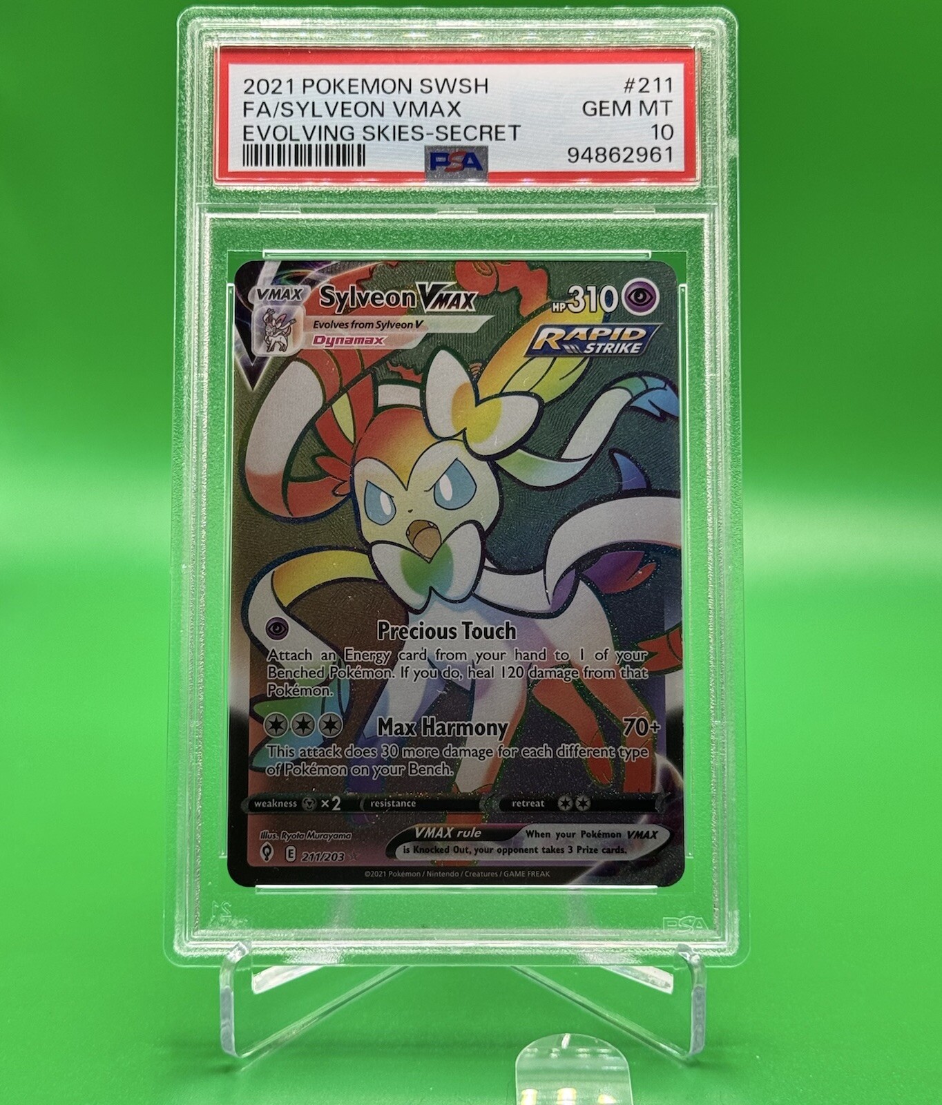 PSA 10 Sylveon VMax 211/203 Secret Rare Rainbow Full Art Evolving Skies ...