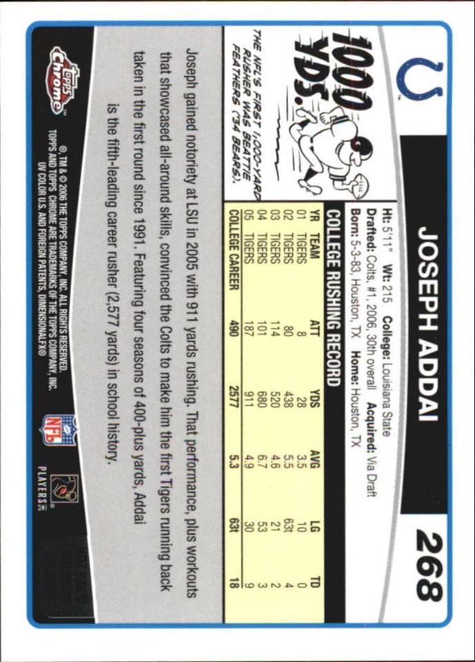 2006 Topps Chrome Special Edition Rookies #268 Joseph Addai - NM-MT | eBay