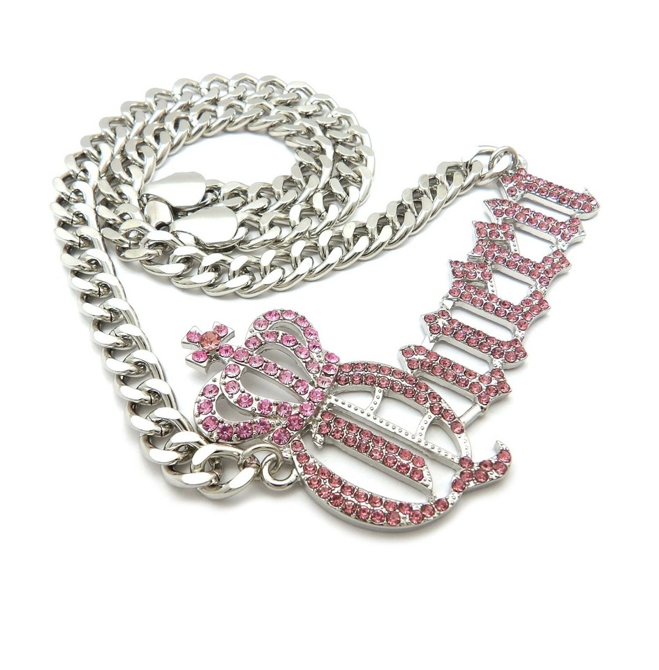WOMEN'S ICED BLING PINK CROWNED QUEEN PENDANT & 18" CUBAN CHOKER CHAIN ...