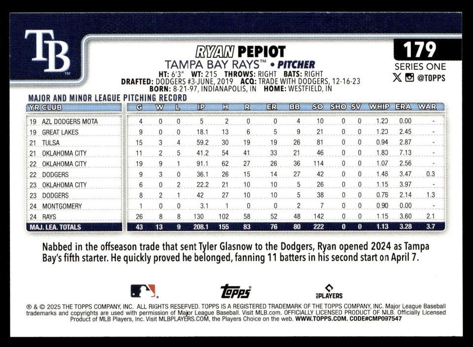 2025 Topps Ryan Pepiot Tampa Bay Rays #179 | eBay